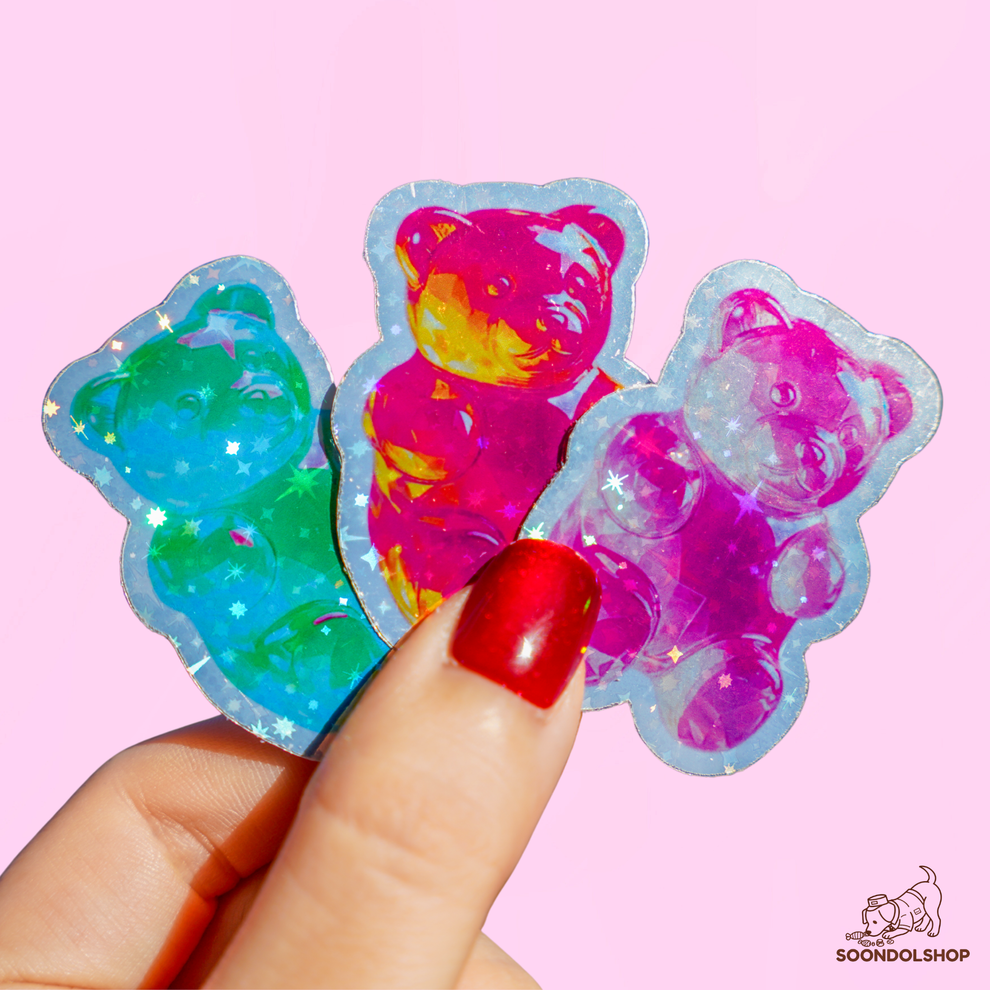 Kawaii Gummy Bear Stickers Pack - Holographic Star Dots Rainbow Gems ...